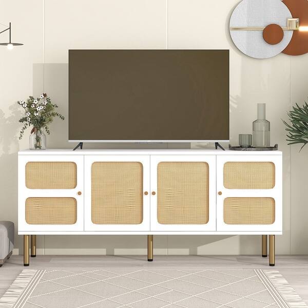 Woven TV Stand with Rattan Door and Gold Metal Base - Bed Bath & Beyond ...