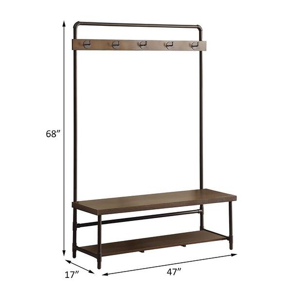 Brown Industrial Metal Hall Tree with Wood Finish Shoe Bench and 5 ...