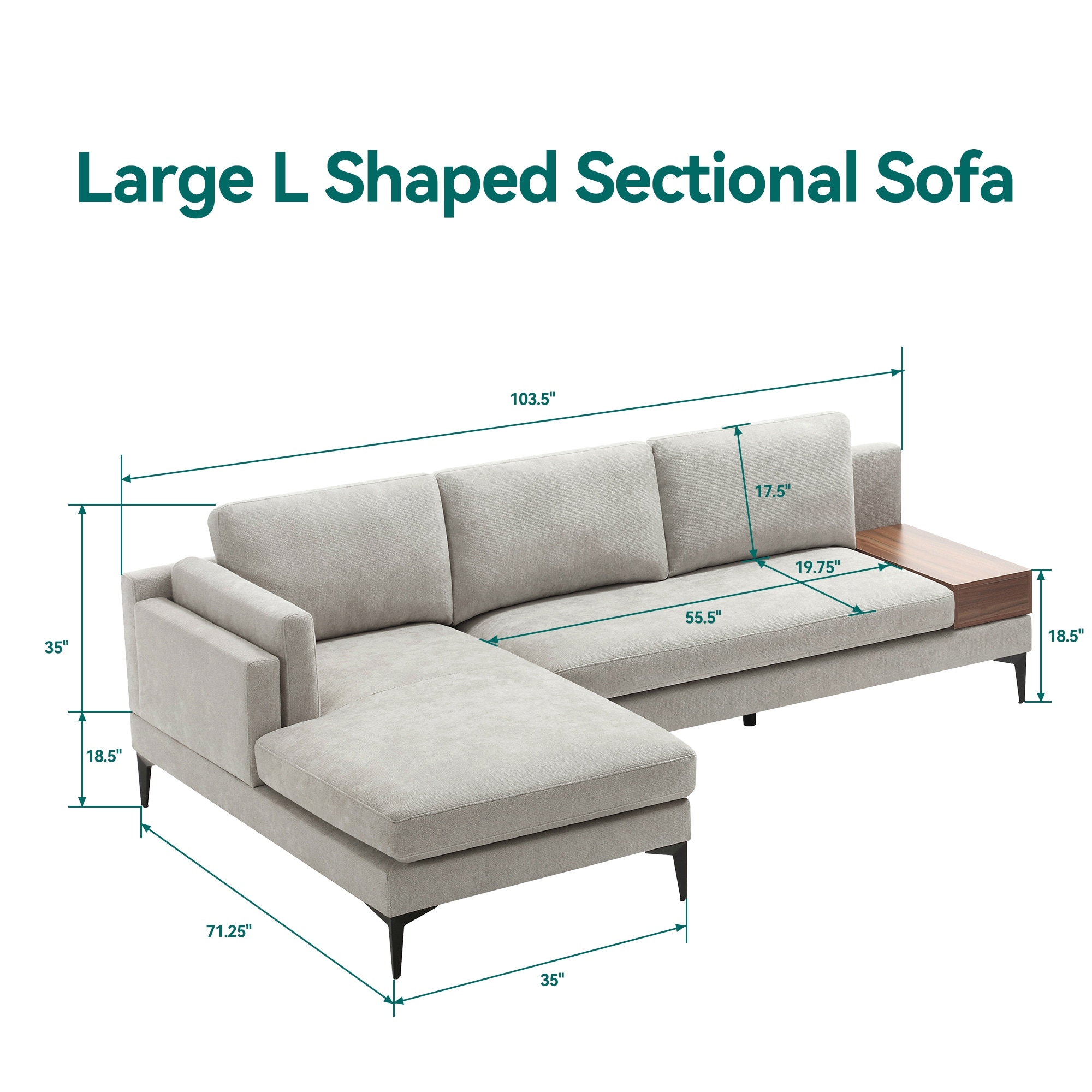 Modular L shaped Sofa With a Reversible Design and Built in Wooden Decorative Box