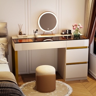 Mid-century Modern Makeup Vanity Table Set, LED Mirror, Tempered Glass ...
