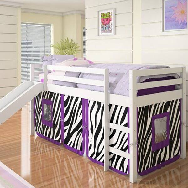 Kids Twin Solid Wood Mission Low Loft Bed with Zebra Tent in White ...
