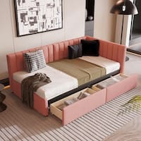 Classic Design Twin Size Upholstered Daybed with 2 Storage Drawers, Linen Fabric Sofa Bed Frame ...