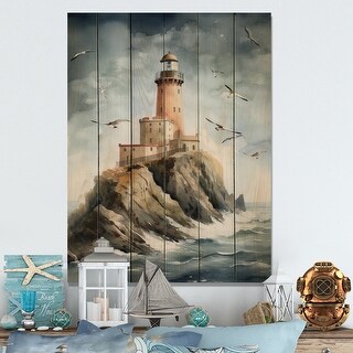 Designart "Ocean Watchtower II" Coastal Print on Natural Pine Wood ...