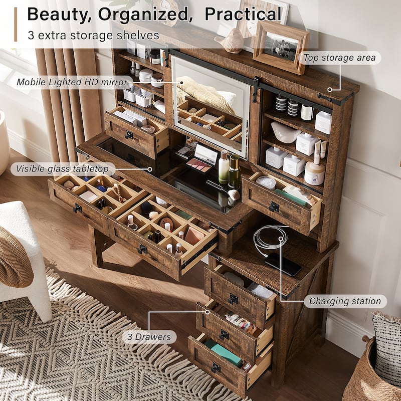 Farmhouse Makeup Vanity Desk with Mirror & Lights, Rustic Vanity Table ...