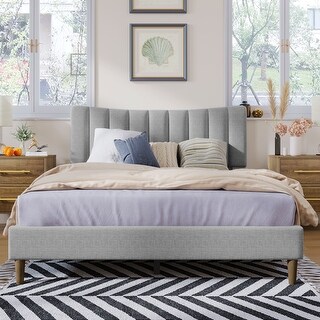 Linen Upholstered Platform Bed with Vertical Channel Tufted Headboard ...