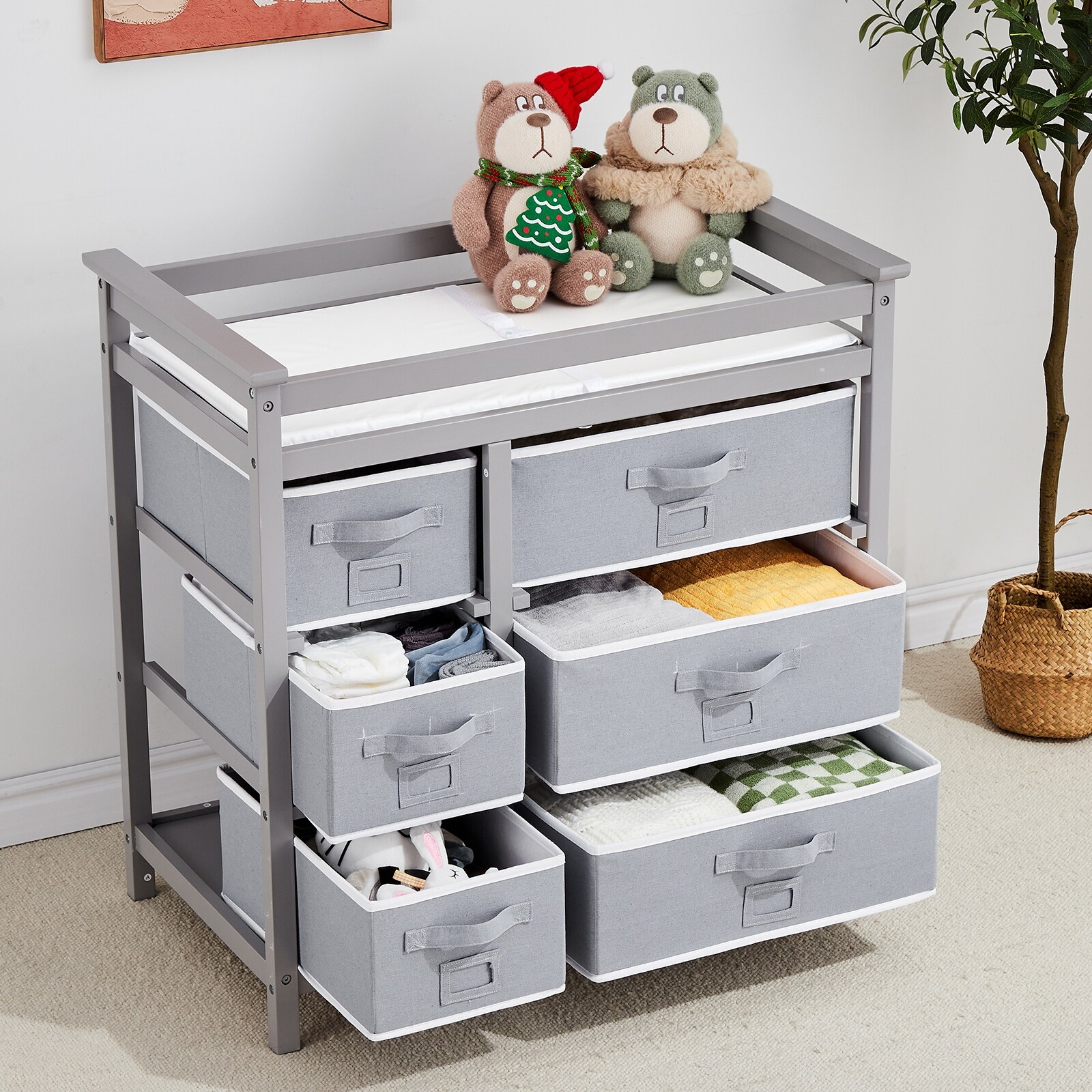Wooden Diaper Changing Table Modern Baby Changing Station Dresser with 6 Storage Drawers and Pad