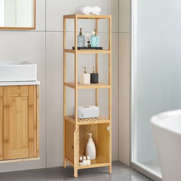 Bamboo Bathroom Rack 5-Layer Multifunctional Adjustable Shelf Natural ...