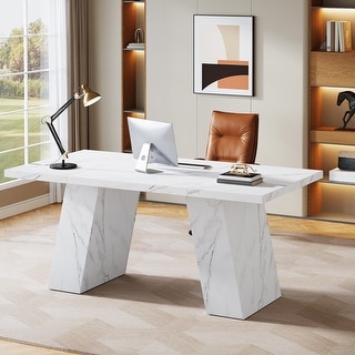 Modern Executive Desk, 63" Faux Marble Computer Desk with Wood Base for ...
