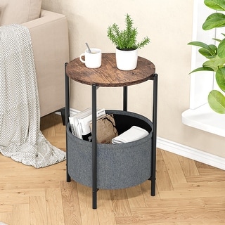 Round End Table with Grey Cloth Bag Storage Basket - Bed Bath & Beyond ...