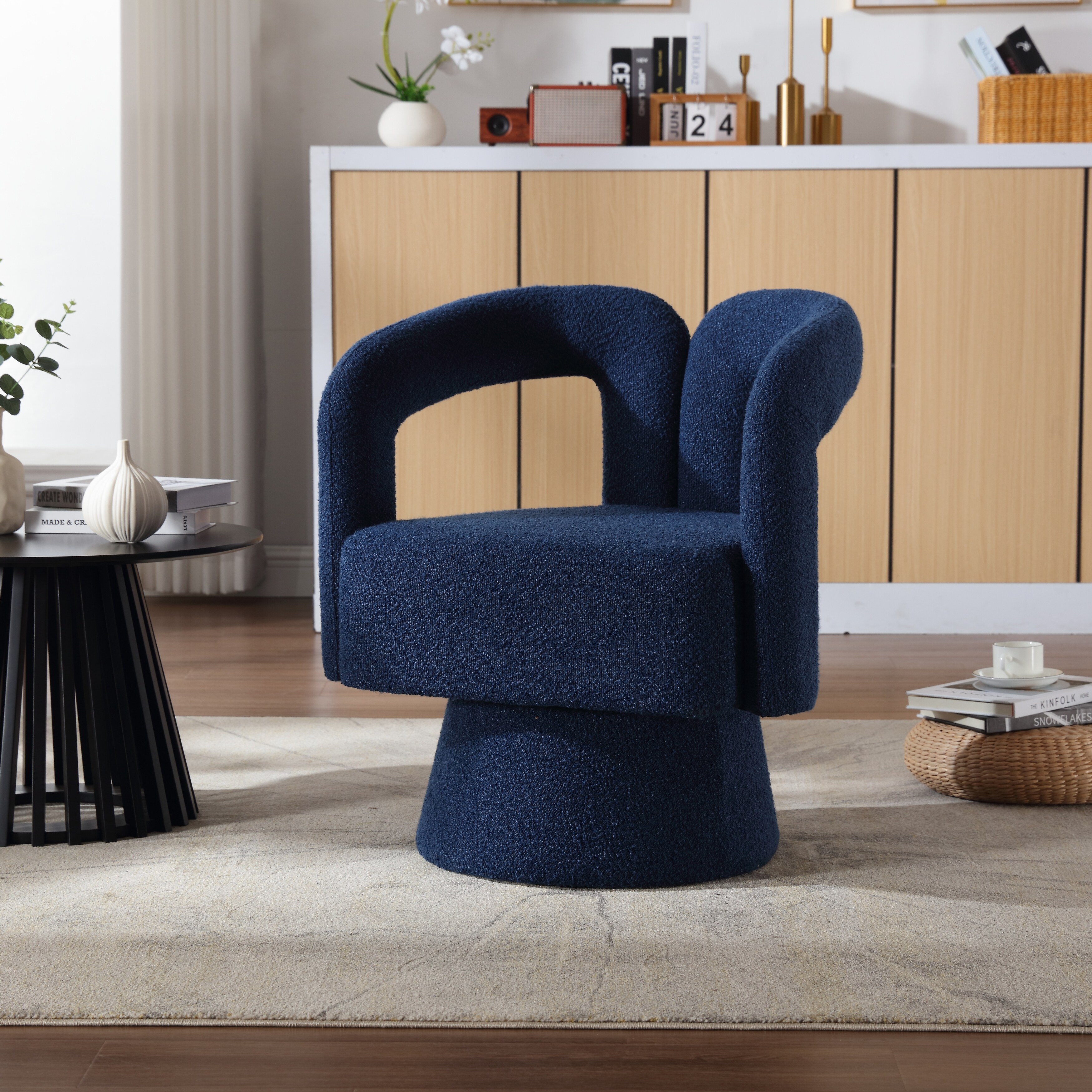 Swivel Cuddle Chairs Navy Boucle Armchairs with Conical Base