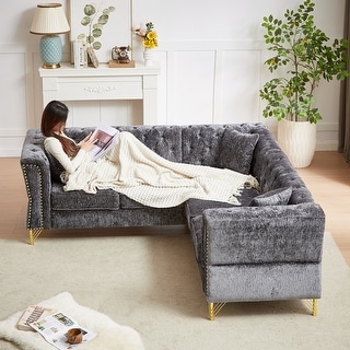 Grey Chesterfield Chenille 5-Seater L-Shaped Corner Sectional Sofa - Bed Bath & Beyond - 40857591