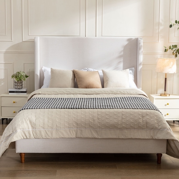 Queen Size Harper Tall Headboard Upholstered Bed Ivory