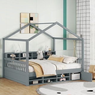 Full Size Semi-Enclosed Bed Frame with Shelves and Mini-cabinet, Grey ...