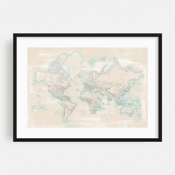 Vintage cream and turquoise detailed world map Maps Art Print/Poster ...