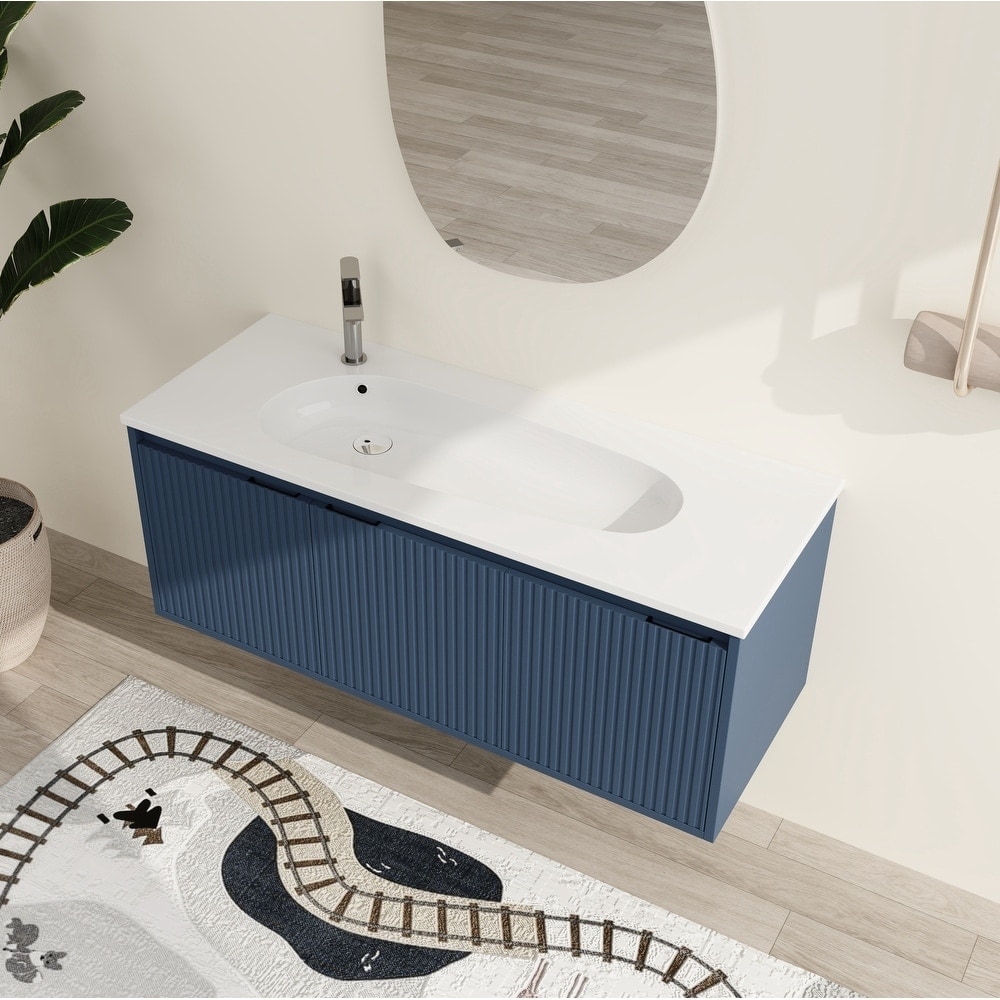 30" Striped Navy Blue Bathroom Vanity with White Ceramic Sink, Wall ...
