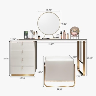 Extendable Vanity Table with PU Stool, Drawers, Side Cabinet, Mirror ...