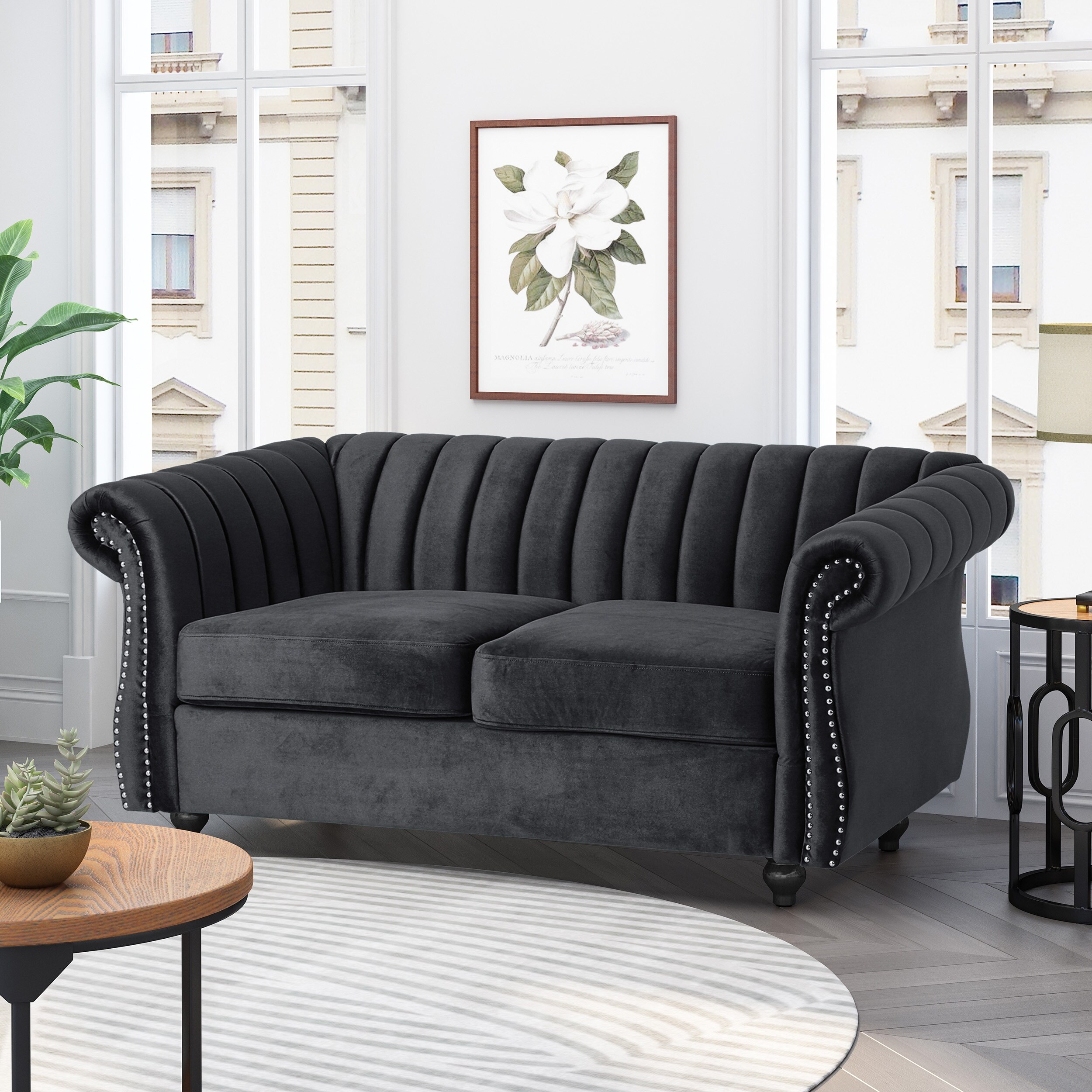 Black Velvet Couch Striped Backrest Loveseat Small Living Room Sofa