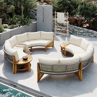 Beige 6-Person Outdoor Seating Set with Acacia Wood Cushions Water ...