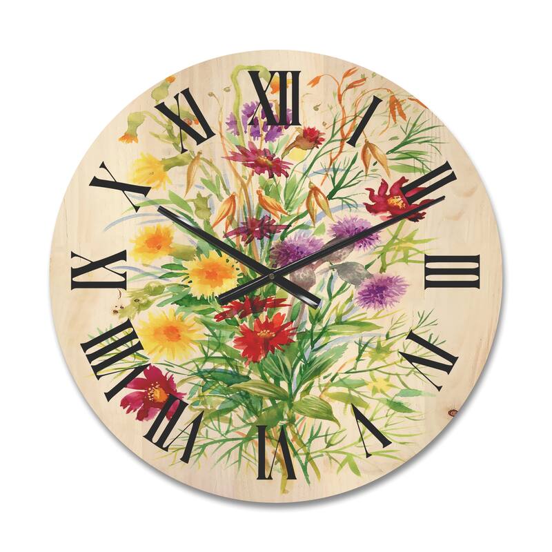 Designart 'Colorful Wildflowers In Nature' Farmhouse Wood Wall Clock ...