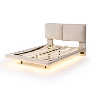 Upholstered Platform Bed Frame with Sensor Light and 2 Large Backrests ...