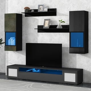 7 Pieces Floating TV Console Table for TVs Up to 90", High Gloss Wall ...