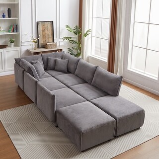 Corduroy Modular Sofa with USB Ports, Gray, Contemporary Style, Two ...