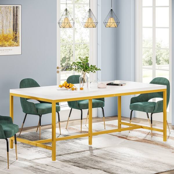 Dining Table for 6 White Gold Dining Room Table 6FT Rectangle Dinner ...