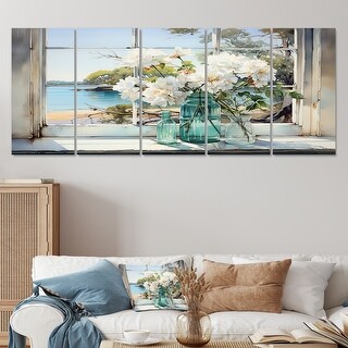 Designart "Blue Window Beachfront View Blooms III" Coastal Windows Set ...