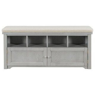 Rustic Style Two-Door Storage Bench with Linen Upholstered Top Cushion ...