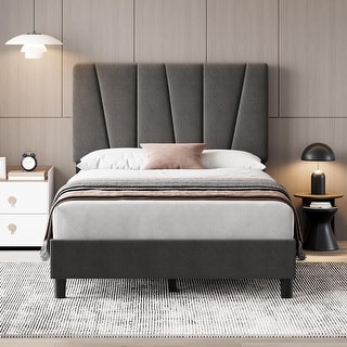 Linen Upholstered Platform Bed Frame with Strong Wooden Slats - Bed ...