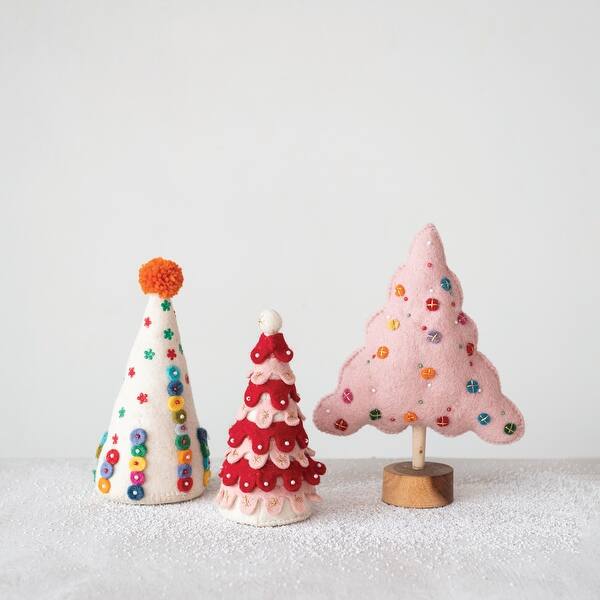 Handmade Wool Felt Tree with Beads and Pom Pom - 3.2"L x 3.2"W x 7.8"H ...
