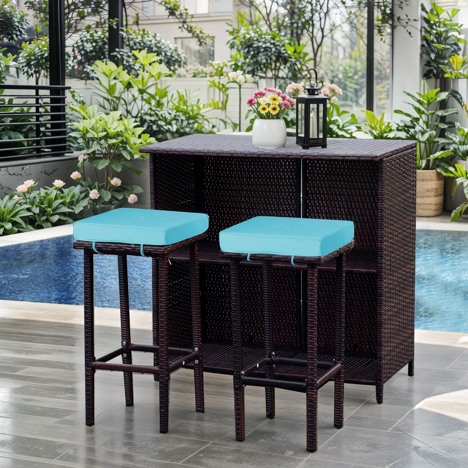 3 Piece Outdoor Patio Bar Set Brown Wicker Bar Table Two Stools with Cushions for Lawn Poolside Bed Bath Beyond 40321508