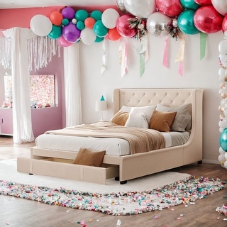 Solid & Sturdy Queen Size Upholstered Platform Bed with a Big Drawer ...