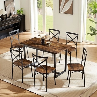 7 Piece Industrial Dining Table Set with 6 Chairs with Backrest for ...