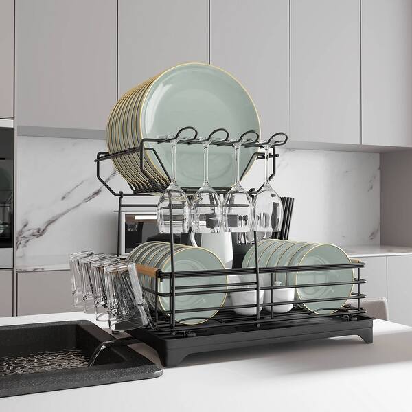 Double-Layer Dish Rack with Bamboo Handle - On Sale - Bed Bath & Beyond ...
