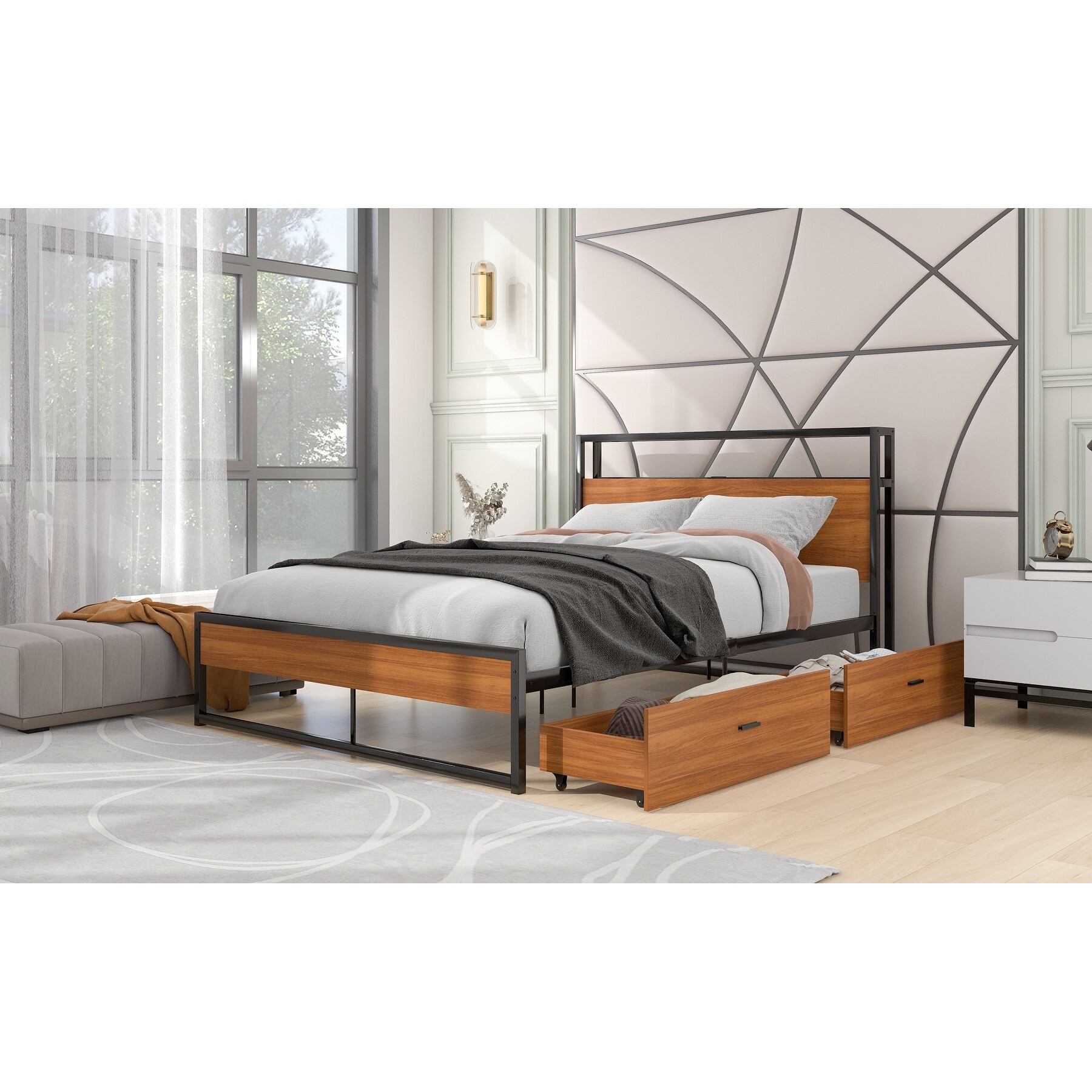 Rustic Metal Platform Bed with 2 Drawers Sockets USB Ports Metal Wood Bed Frame with Storage Headboard No Box Spring Need Bed Bath Beyond 38881167