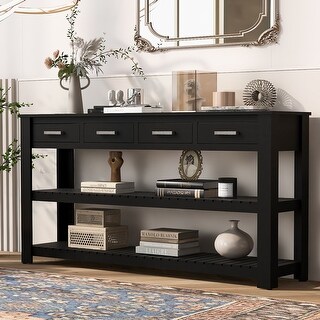Black Stylish Entryway Console Table with 4 Drawers and 2 Shelves ...