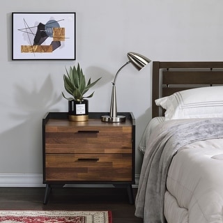 Walnut and Black Nightstand with Metal Sled Base and Dual Drawers - Bed ...