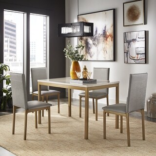 Declan 5-Piece Faux Marble Top Gold Metal Frame Dining Set with 4 Grey ...