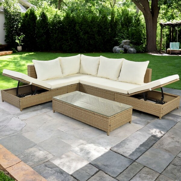 3 Piece Rattan Sofa Set with Adjustable Lounge Glass Table Bed Bath Beyond 41528908