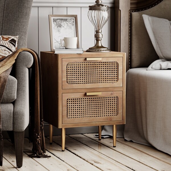 COZAYH Rustic Farmhouse Woven Fronts Nightstand Spacious Storage End Table 2 Drawer