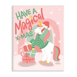 Stupell Magical X-Mas Pink Unicorn Rainbow Holiday Gifts Wood Wall Art ...