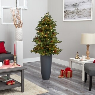 5' Yukon Fir Xmas Tree with 100 Lights in Gray Planter - 26”D x 26”W x ...