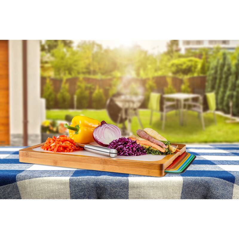 Seville Classics Bamboo Cutting Board And 7 Color Coded Flexible