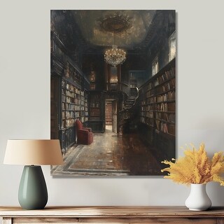 Designart "Brown Library Shelves Historic Haven II" Libraries Canvas ...
