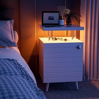 LED Nightstand White Bedside Table, Bedroom End Tables with 2 Drawers ...