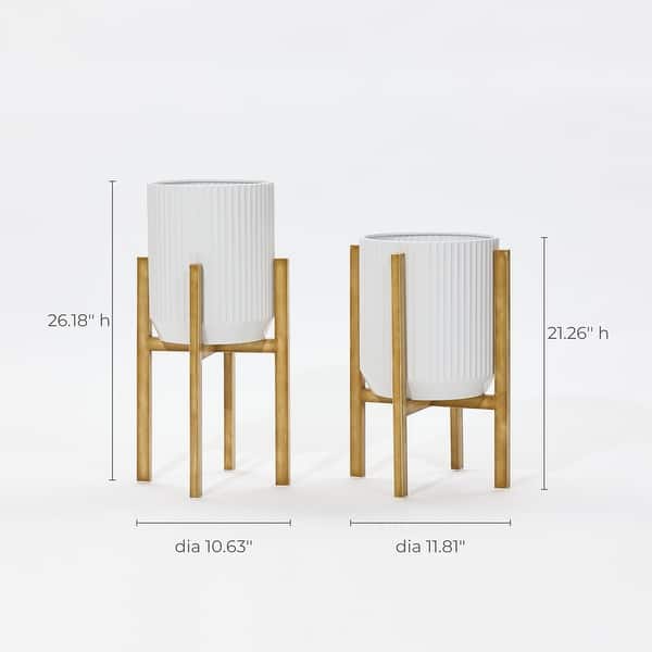 2-Pc Textured Round White Metal Cachepot Planters with Gold Stands ...