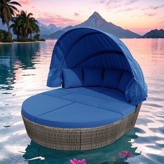 Outdoor Rattan Daybed with Retractable Canopy Wicker Furniture, Blue ...