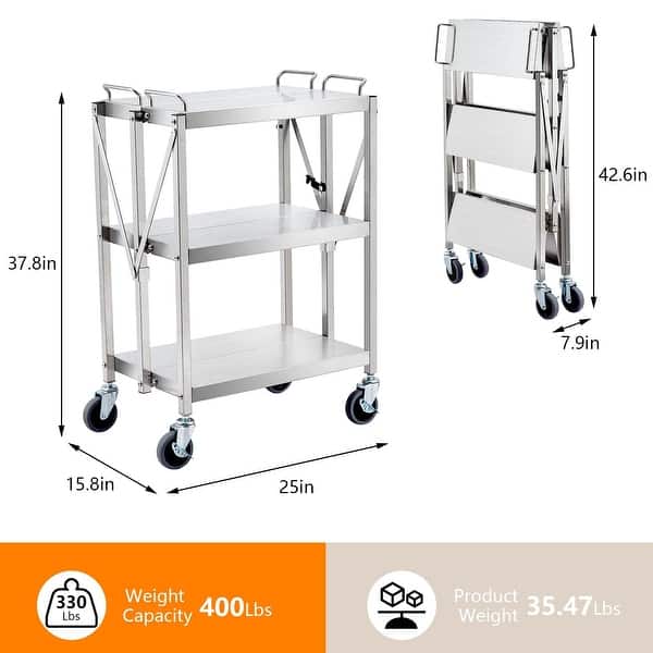 Folding Utility Cart, 3-Tier Stainless Steel Rolling Cart with Wheels ...