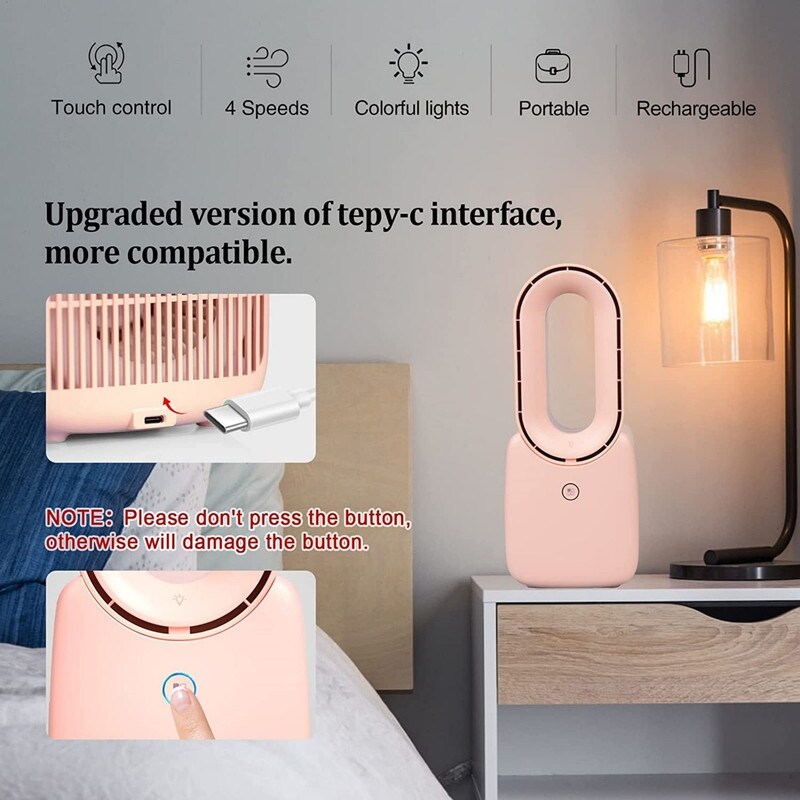 Desk Fan 11.8 Inch Bladeless Fan Small Quiet Table Fan Pink